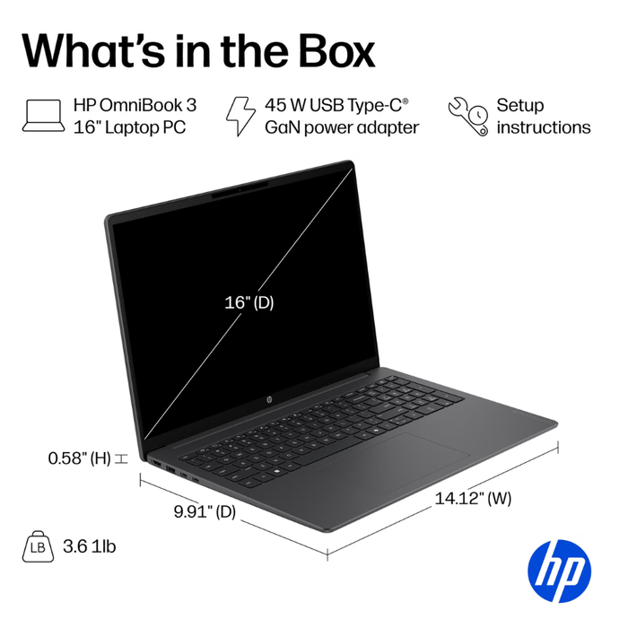 HP OmniBook 3 16" Windows 11 Laptop 256GB/8GB RAM Black (New)
