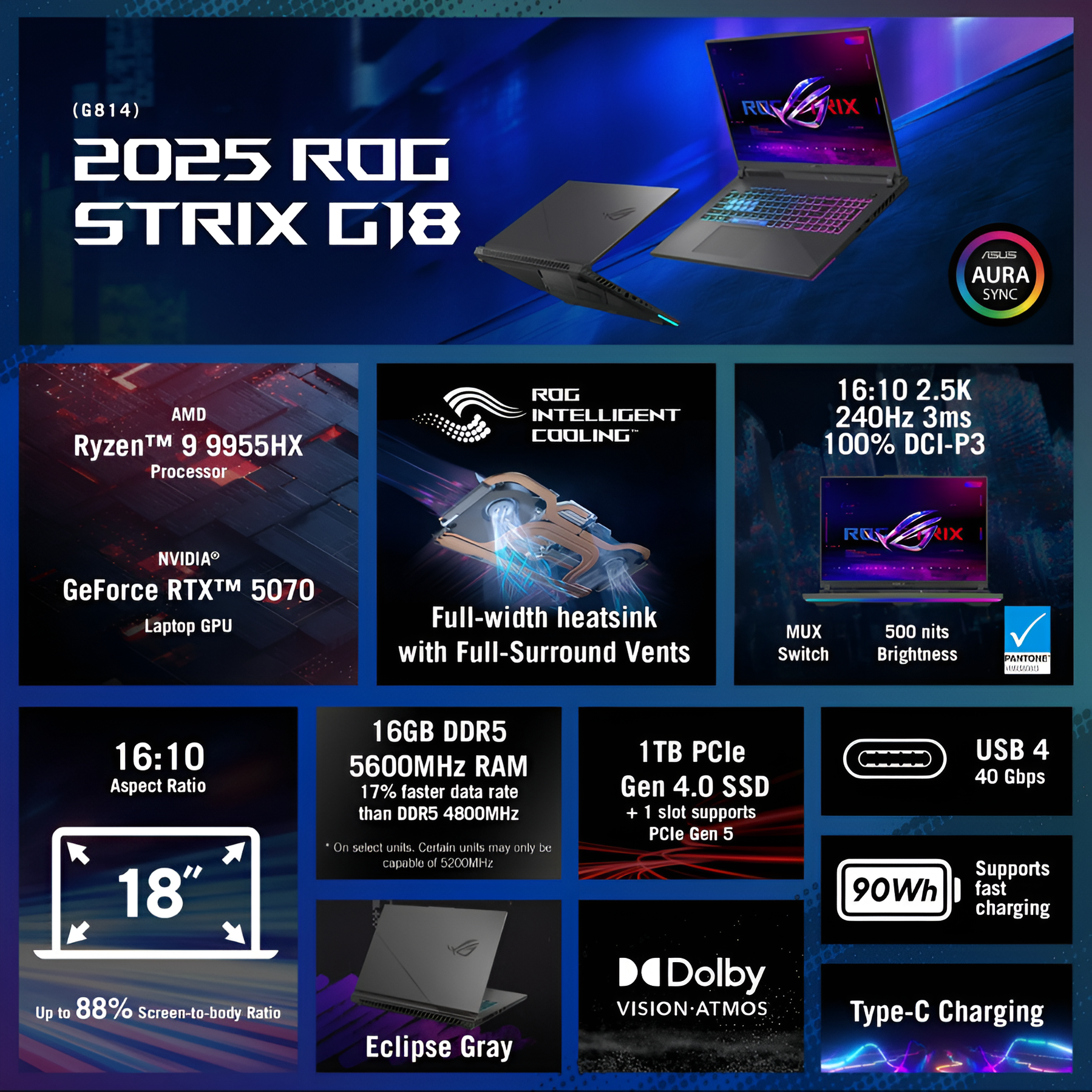 ASUS ROG Strix G18 (2025) 18” (G814FP-WS96) 1TB/32GB RAM Eclipse Gray ...